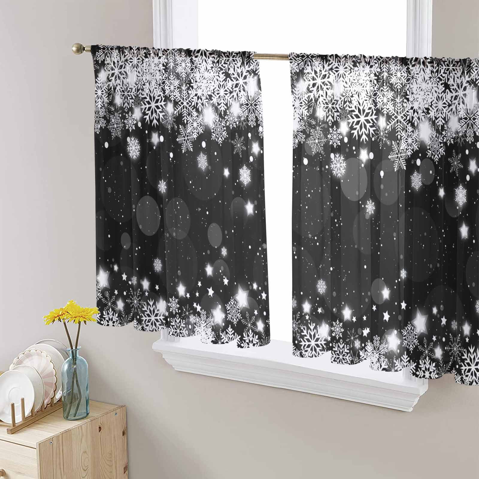 Black Christmas Snowflakes Sheer Curtains 45 Inch Length 2 Panels Set ...
