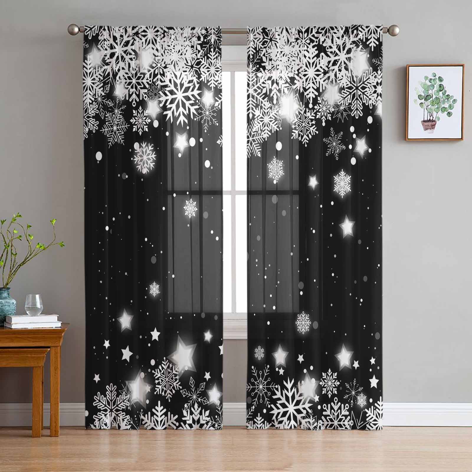 Black Christmas Snowflakes Sheer Curtains 63 Inch Length 2 Panels Set ...