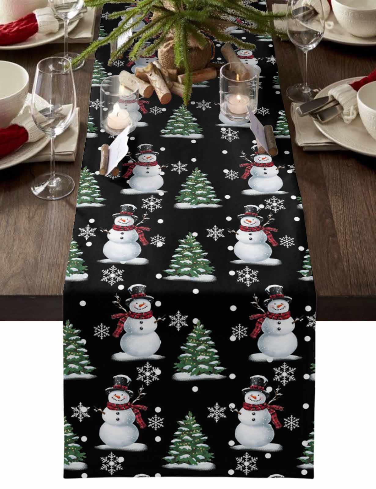 Black Christmas Snowman Cotton Linen Table Runner for Dining Kitchen ...
