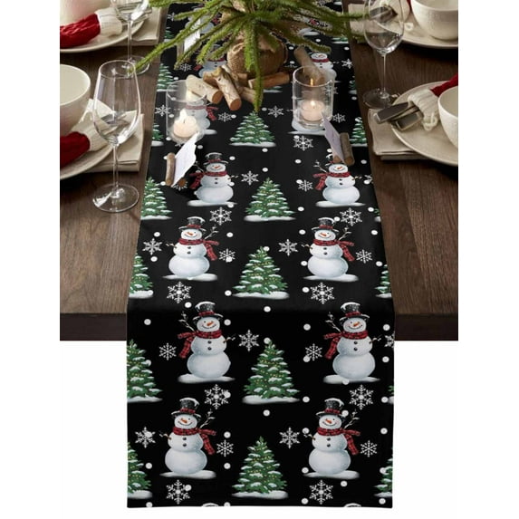 Black Christmas Snowman Cotton Linen Table Runner for Dining Kitchen ...