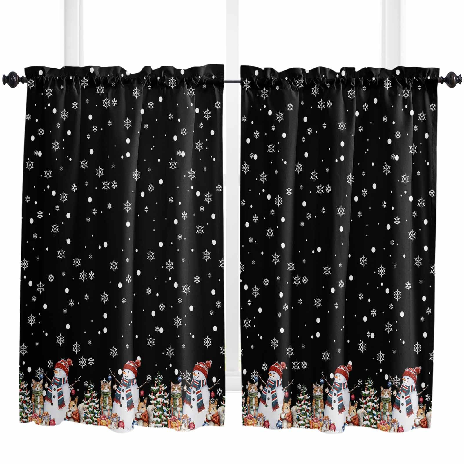 Black Christmas Snowman Kitchen Curtain 2 Panels Tiers Curtains 45 Inch ...
