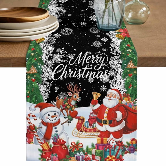Black Christmas Table Runner 120 Inches, Xmas Snowman Santa Elk Winter ...