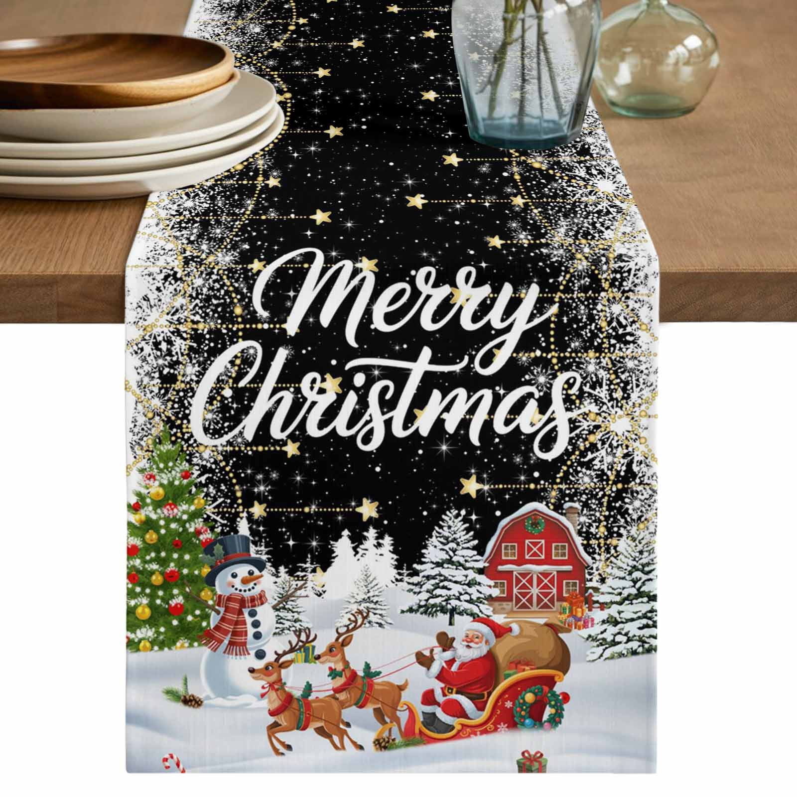 Black Christmas Table Runner 60 Inches, Santa Snowman Snowflake Elk ...