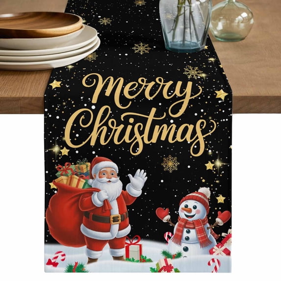 Black Christmas Table Runner 60 Inches, Santa Snowman Xmas Gifts ...
