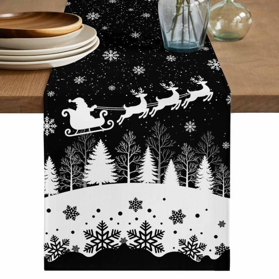 Black Christmas Table Runner 60 Inches, Xmas Elk Tree Snowflake Forest ...