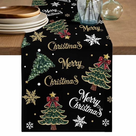 Black Christmas Table Runner 70 Inches, Winter Green Pine Tree Gold ...
