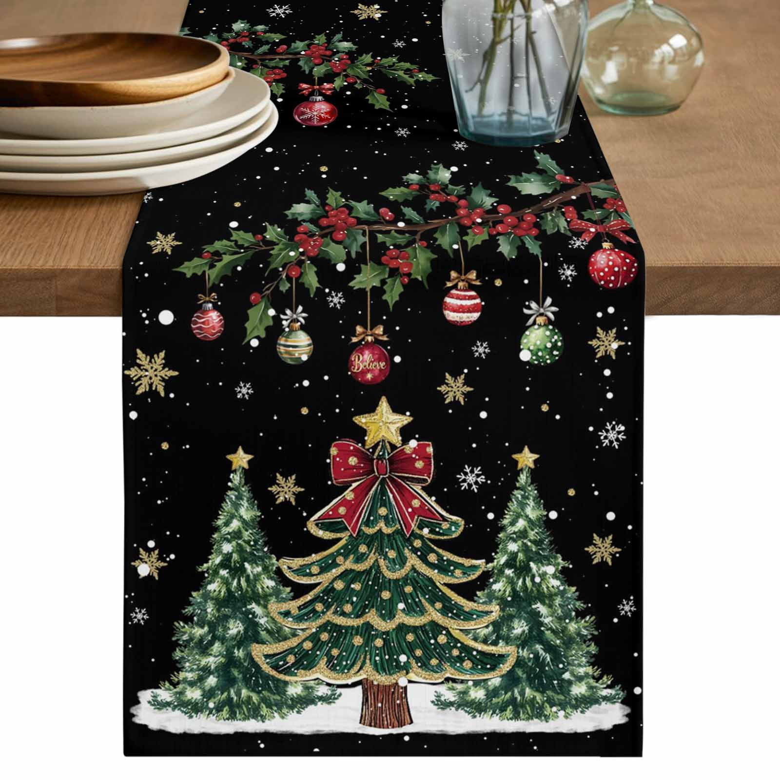 Black Christmas Table Runner 70 Inches, Xmas Christmas Tree Snowflake ...