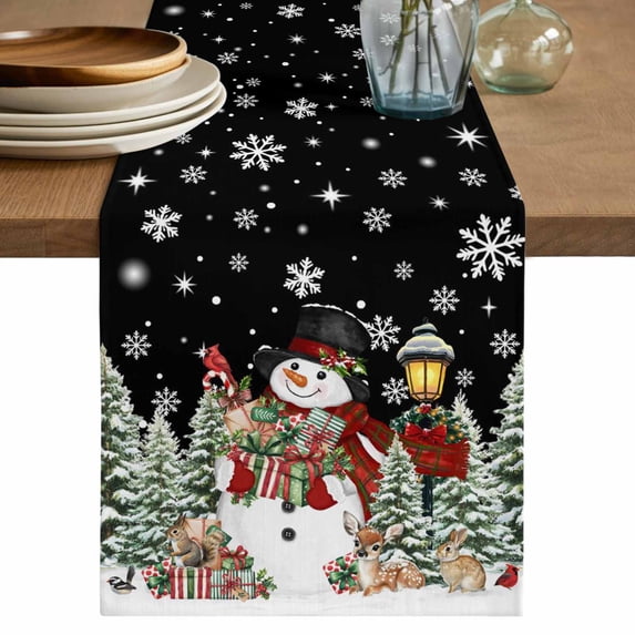Black Christmas Table Runner 72 Inches, Snowman Xmas Snowflake ...