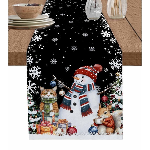 Black Christmas Table Runner 72 Inches, Winter Snowman Squirrel Tree ...
