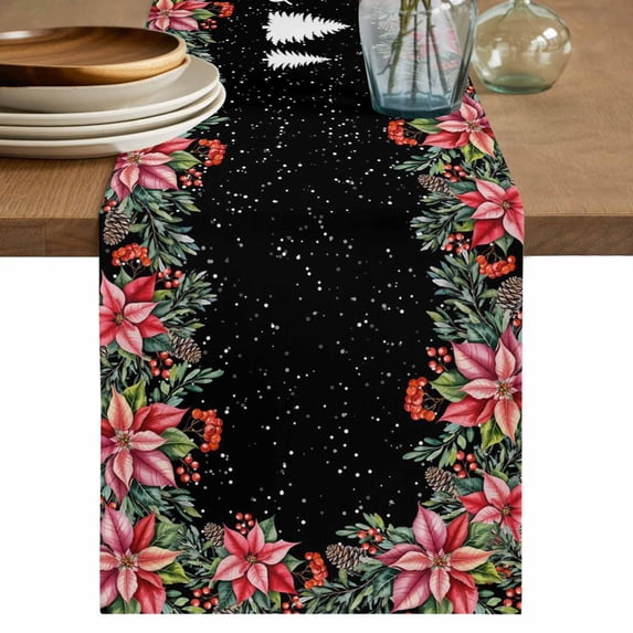 Black Christmas Table Runner 90 Inches, Xmas Tree Snowflake Poinsettia ...