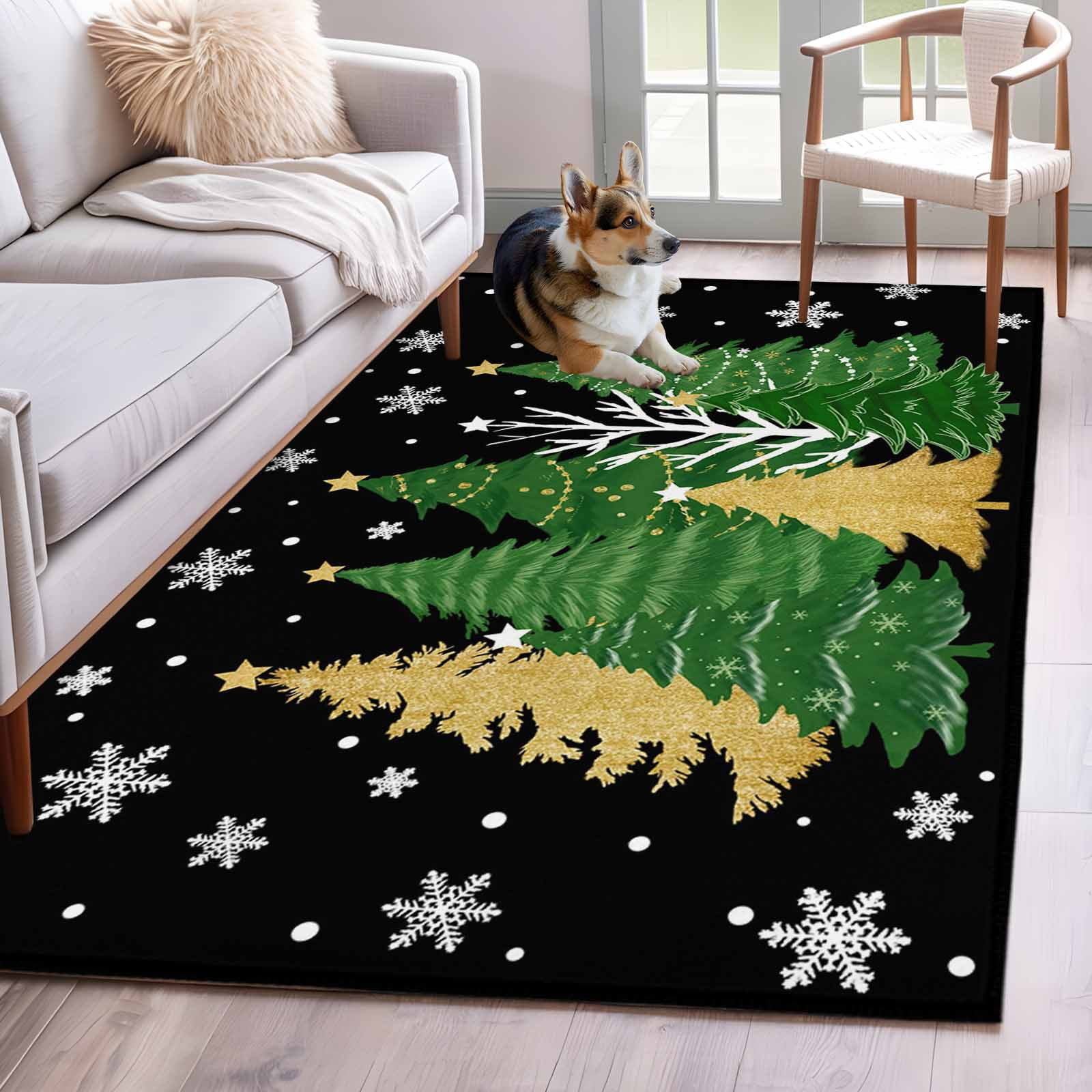 Black Christmas Tree Area Rug 3x5 Washable Rug Non Slip Green Golden ...