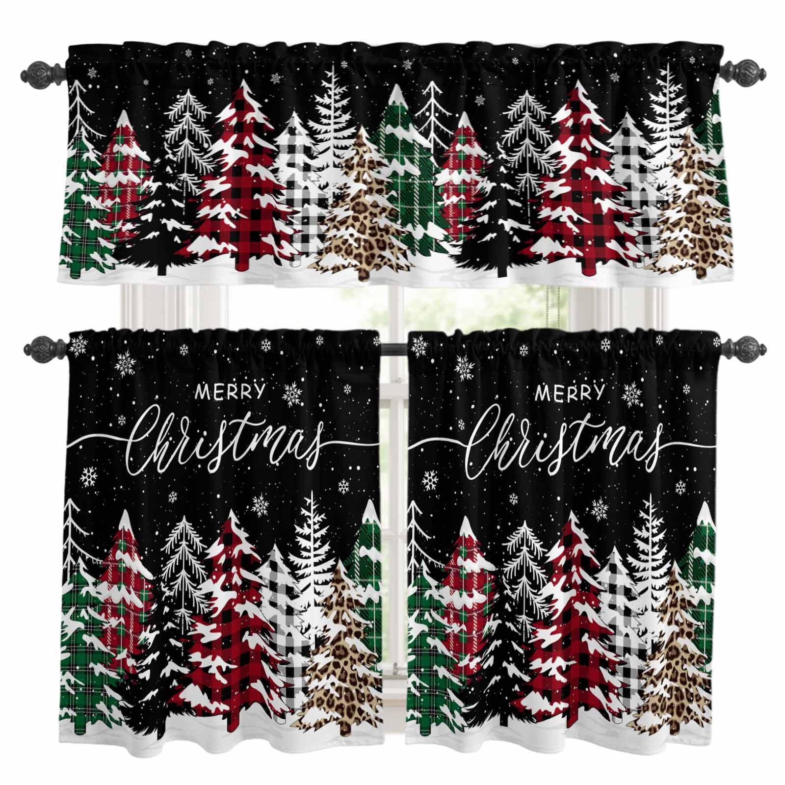 Black Christmas Tree Kitchen Curtains Sets for Windows 24 Inch Length ...