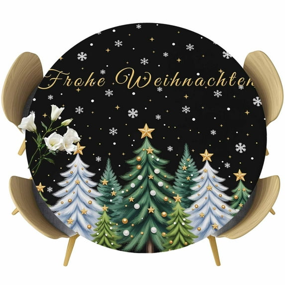 Black Christmas Tree Round Tablecloth, Fitted Table Cover with Elastic ...