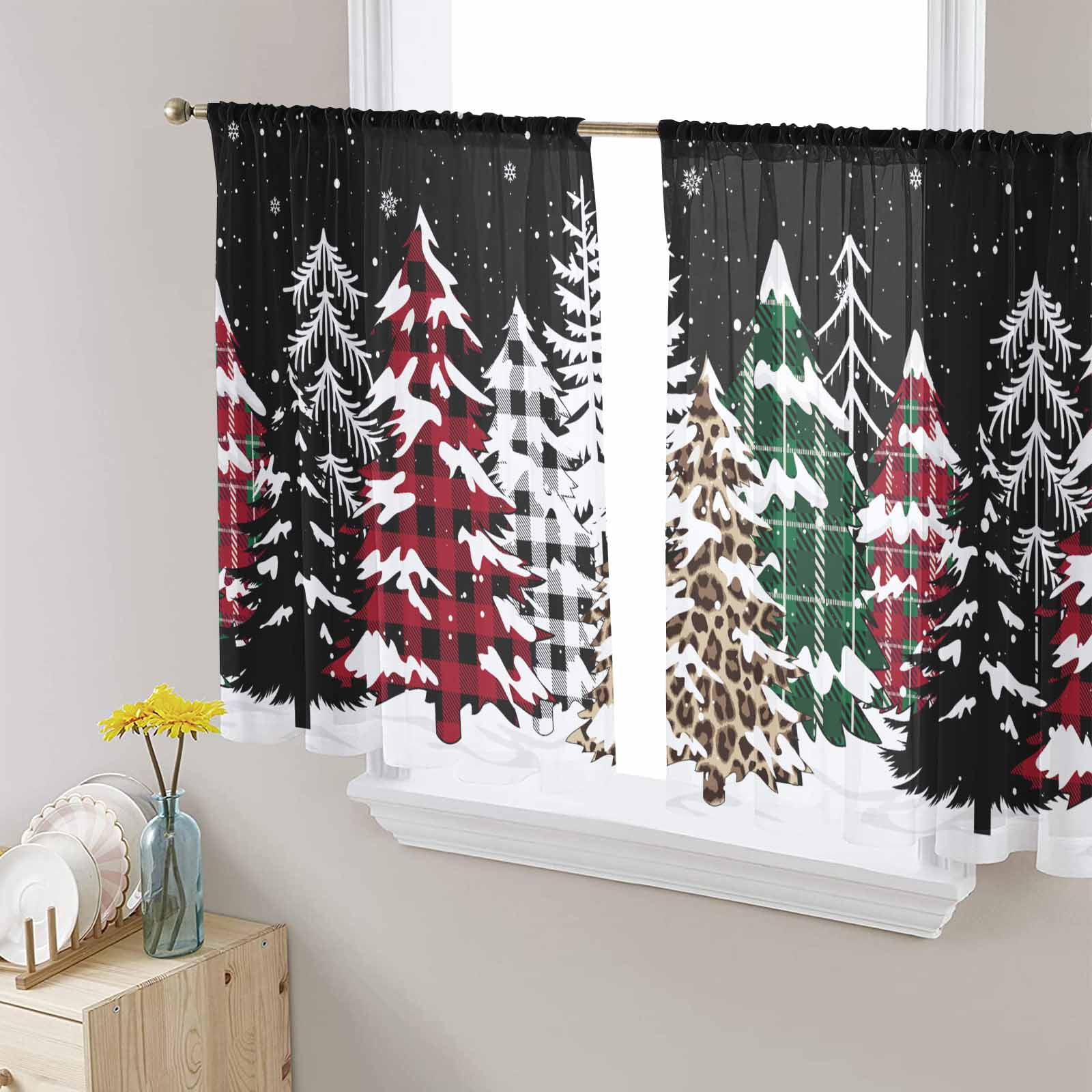 Black Christmas Tree Sheer Curtains 45 Inch Length 2 Panels Set for ...
