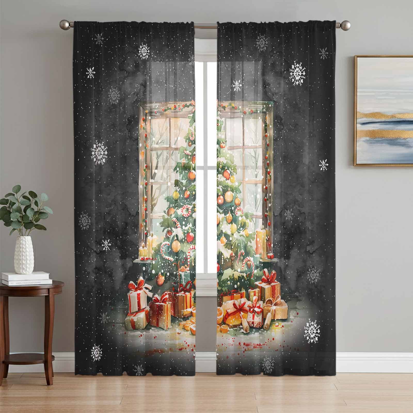 Black Christmas Tree Sheer Curtains 72 Inch Length 2 Panels Set ...