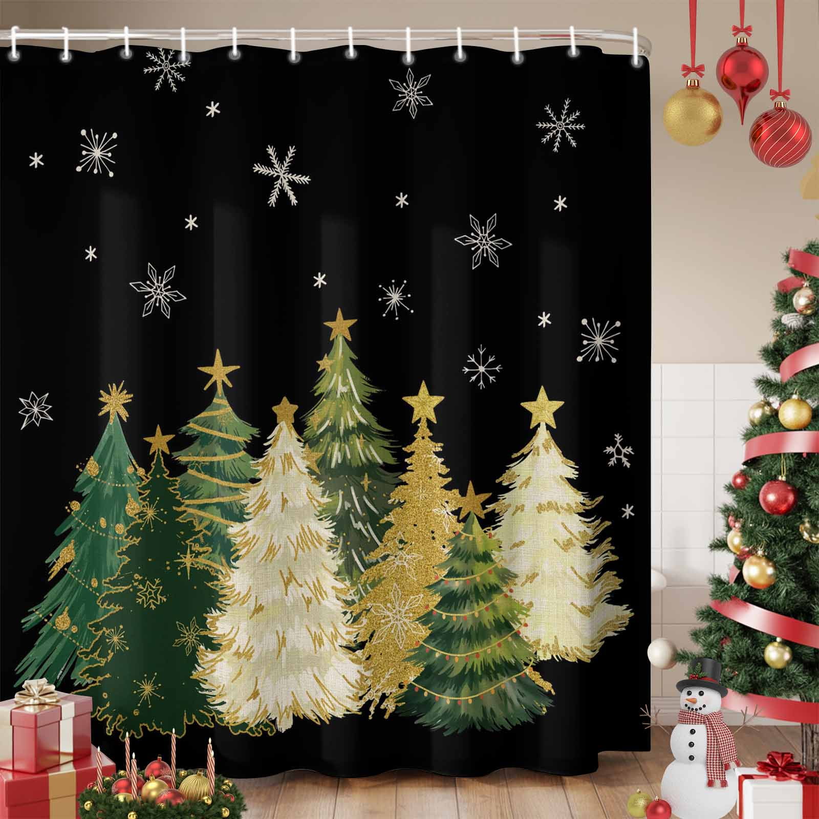 Black Christmas Tree Shower Curtain, Xmas Tree Winter Snowflake ...