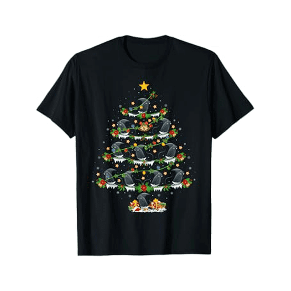 Black Christmas Tree T Shirt with Shark Ornaments Holiday Tee Tops ...