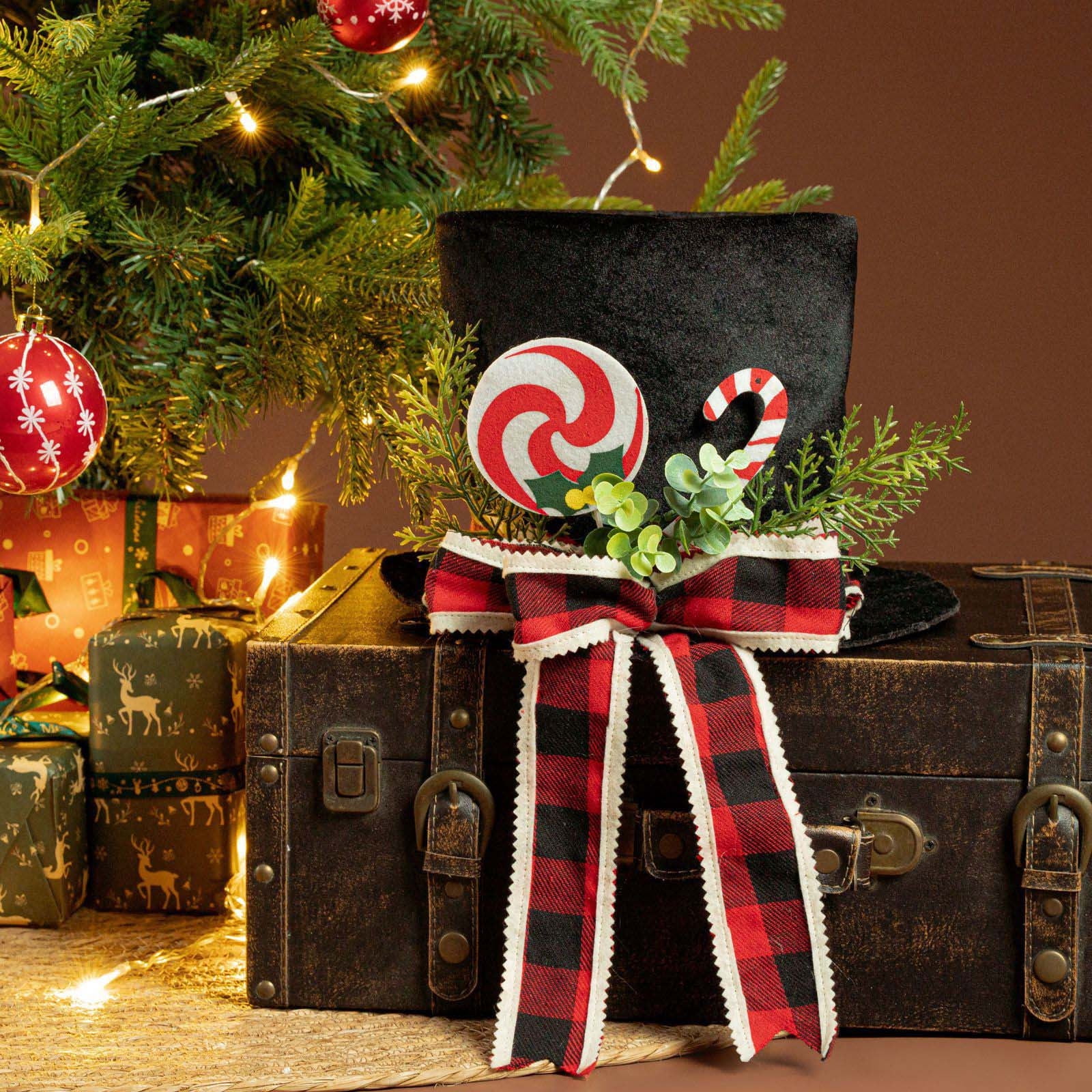 Black Christmas Tree Top Star with Bow Hat Decoration, Cloth Material ...