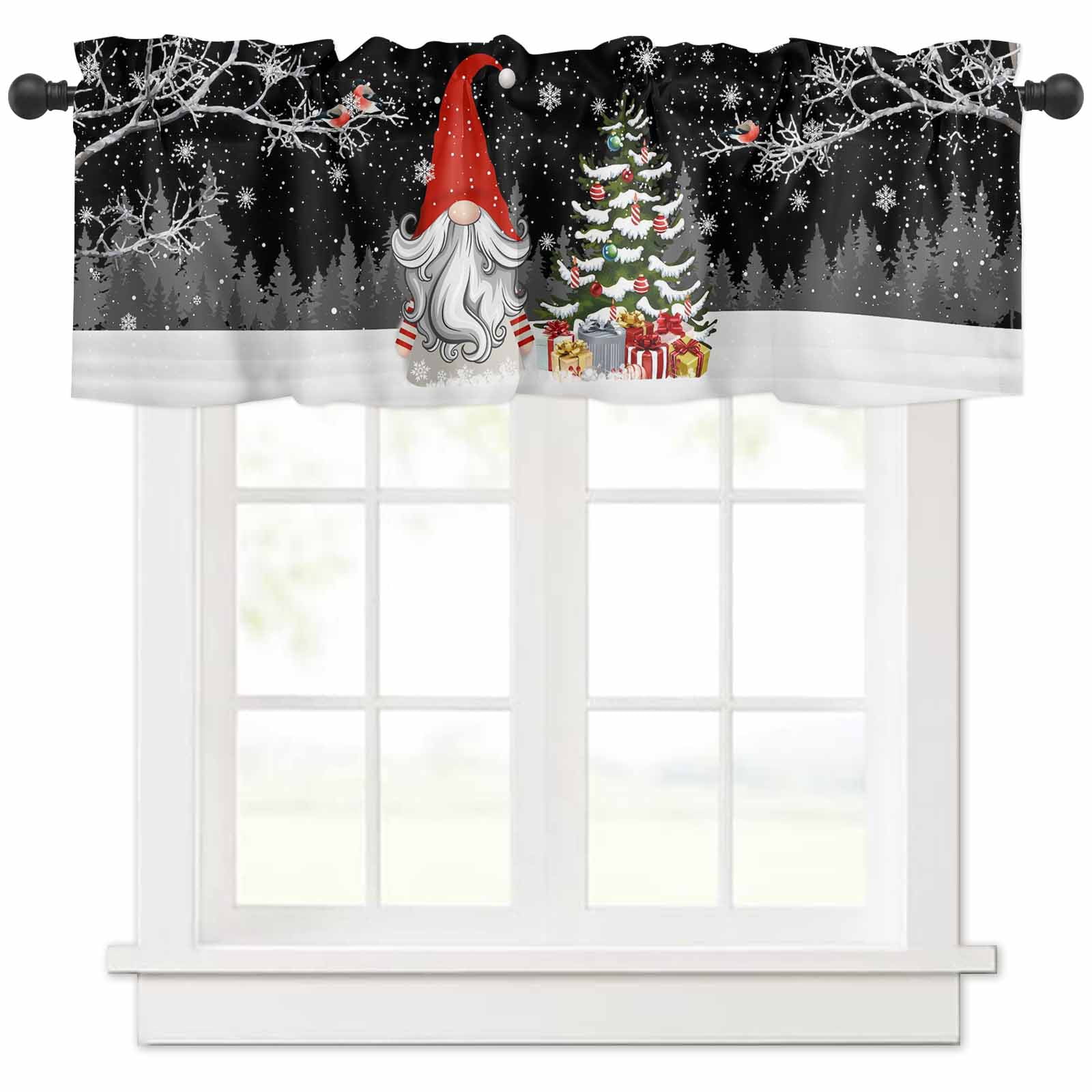 Black Christmas Valances for Windows, Dwarf Present Tree Bird Snowflake ...