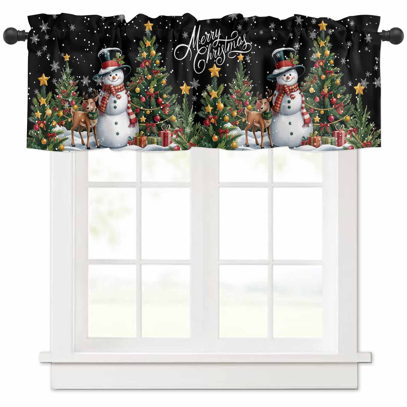 Black Christmas Valances for Windows, Snowman Xmas Tree Elk Snowflake ...