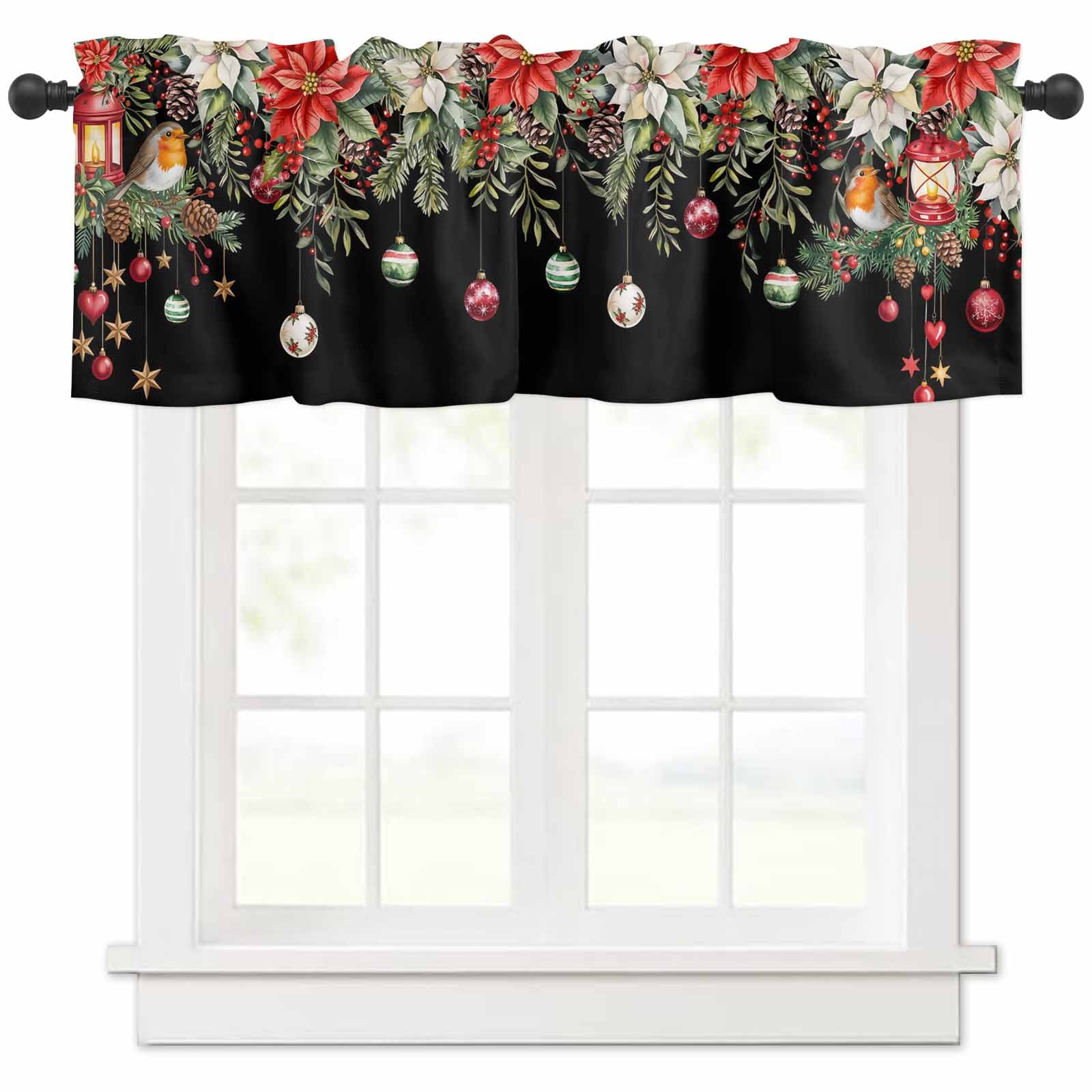 Black Christmas Valances for Windows, Xmas Poinsettia Balls Botanical ...