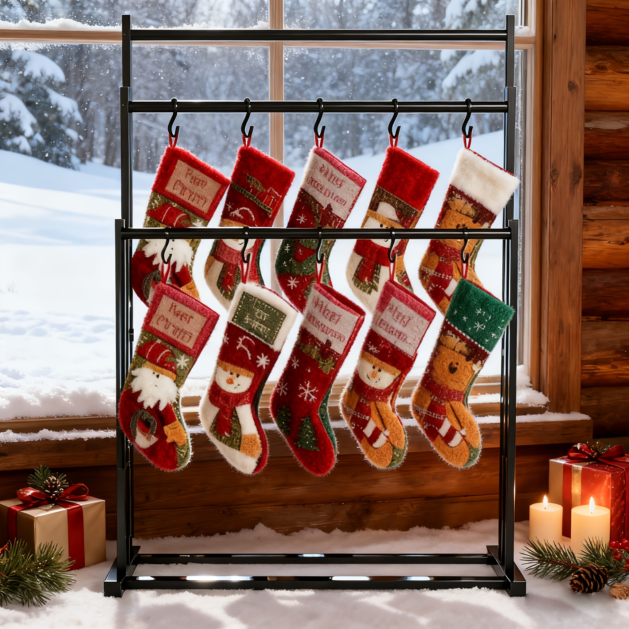 Black Christmas stocking rack with detachable metal hooks, heavy-duty ...