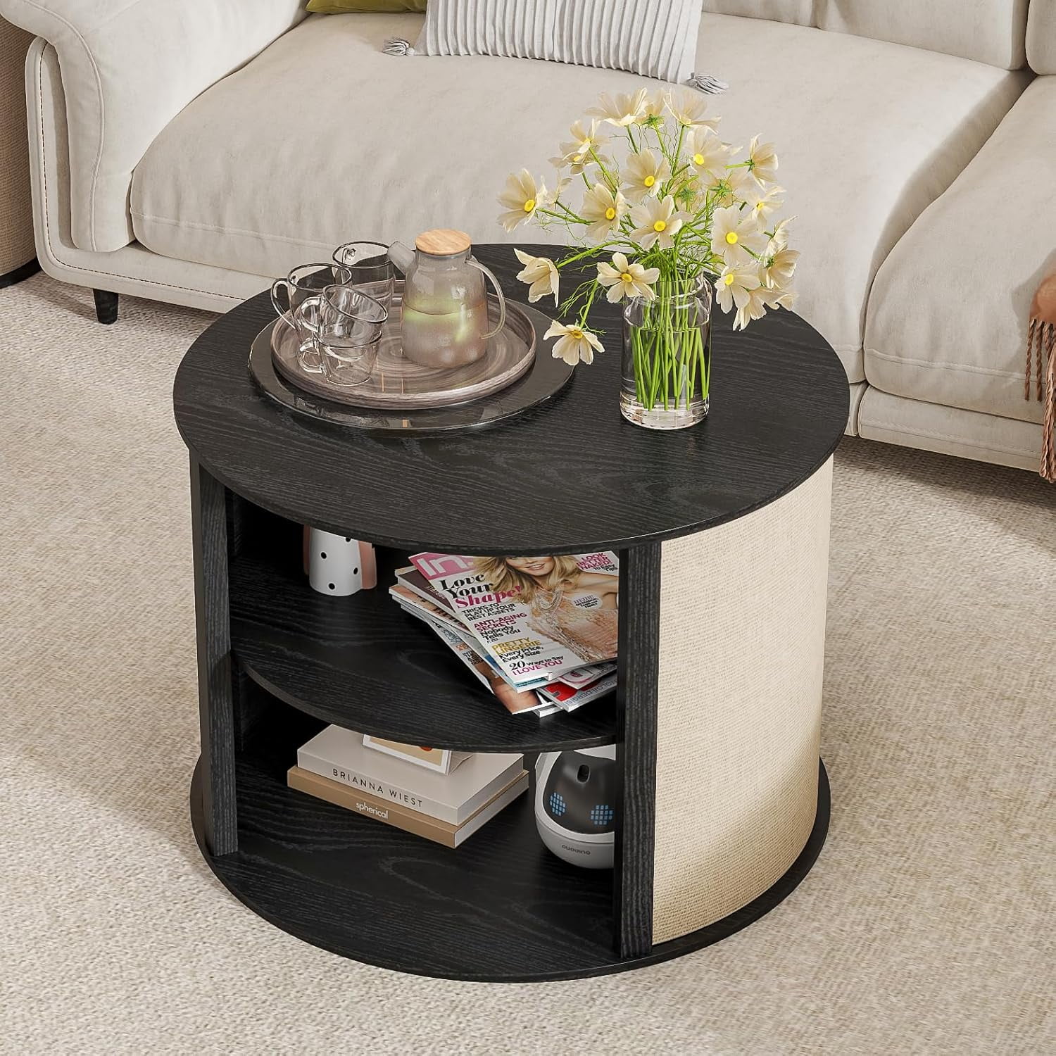 Black Circle Coffee Table with Storage, 2-Tier Boho Small Round Center ...