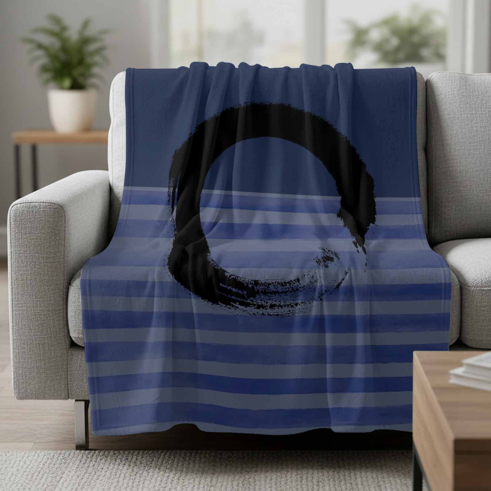 Black Circle Fleece Throw Blanket Japanese Style Circle Blue Strips ...