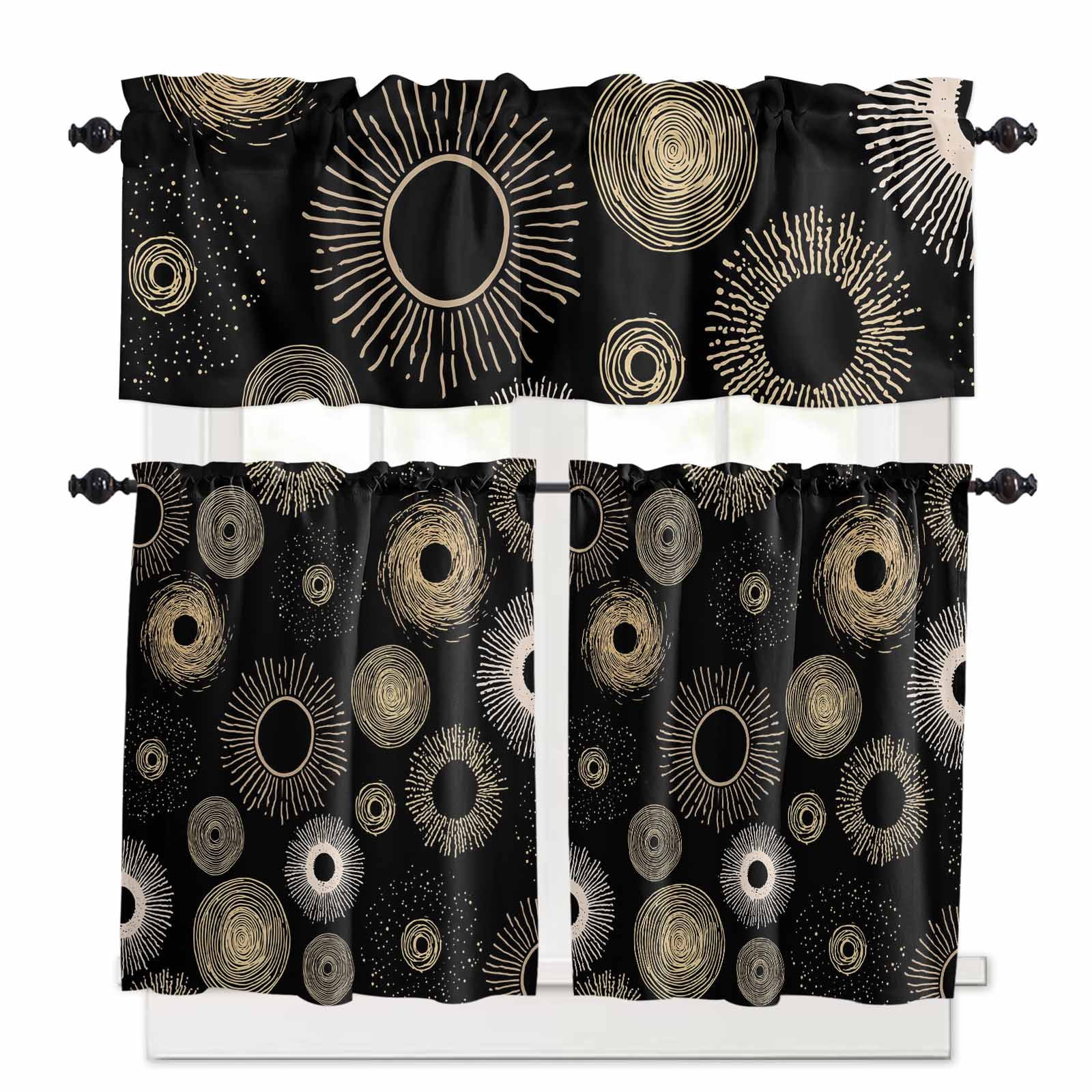 Black Circle Kitchen Curtains Valance and Tier Set Lines Modern ...