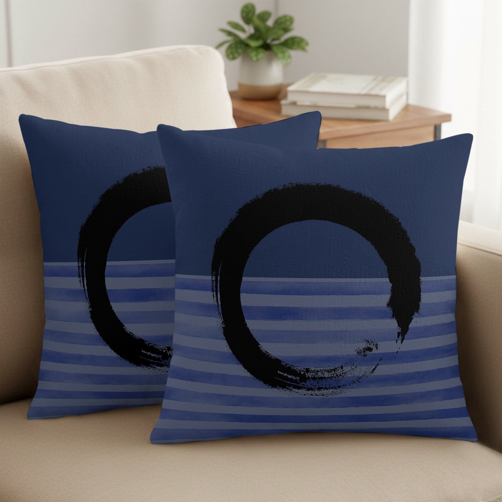 Black Circle Pillow Covers Set of 2, Japanese Style Circle Blue Strips ...