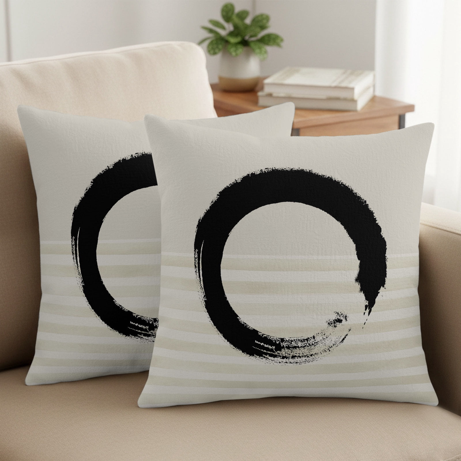 Black Circle Pillow Covers Set of 2, Japanese Style Circle Grey Strips ...
