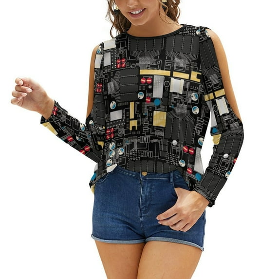 Black Circuit Board 2420 Women Print T Shirt Casual Off Shoulder Loose ...