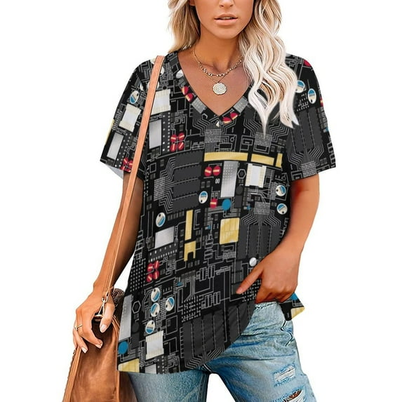 Black Circuit Board 2420 Women Print T Shirt Casual Off Shoulder Loose ...