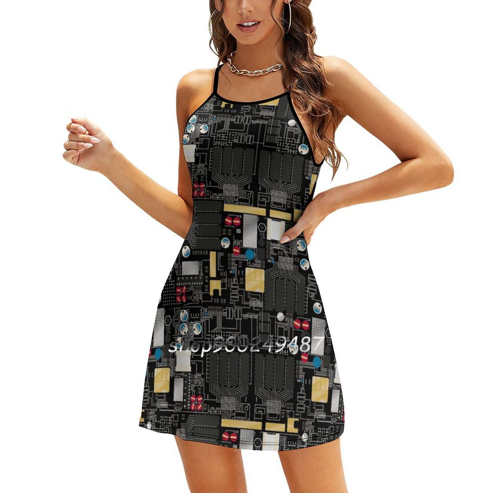 Black Circuit Board Square Neck Dress Sweet Summer Dress Women Elegant ...