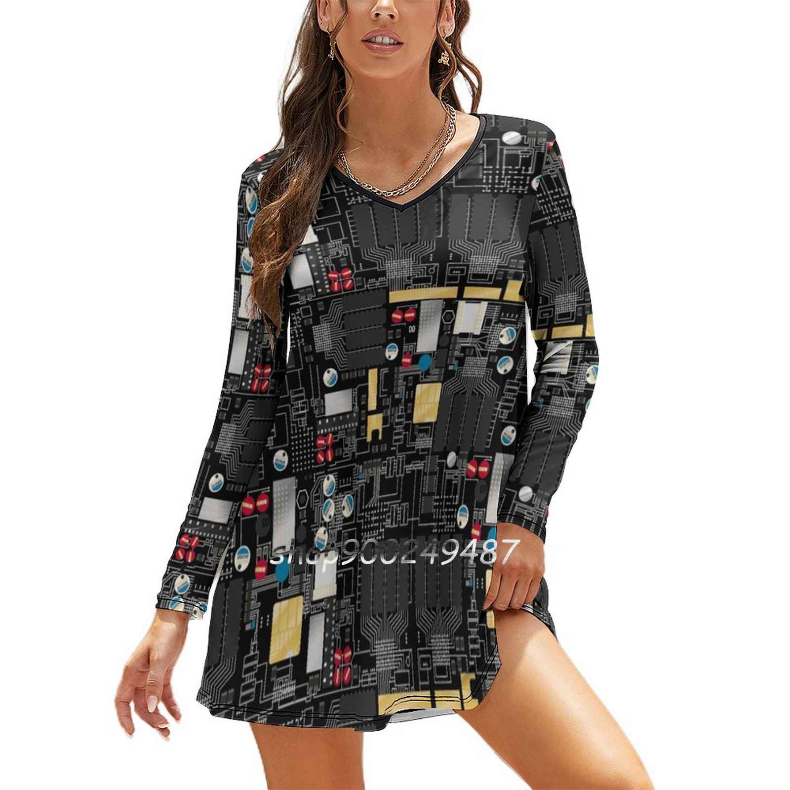 Black Circuit Board Square Neck Dress Sweet Summer Dress Women Elegant ...