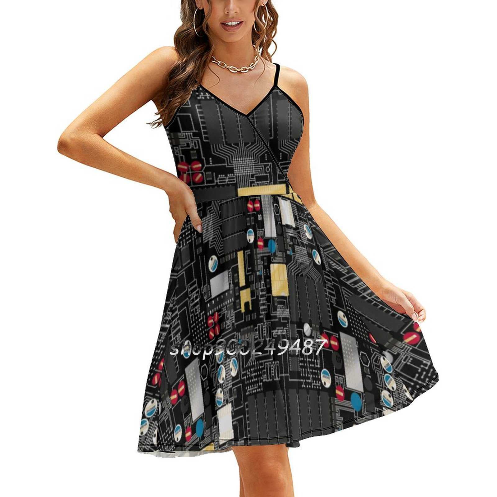 Black Circuit Board Square Neck Dress Sweet Summer Dress Women Elegant ...