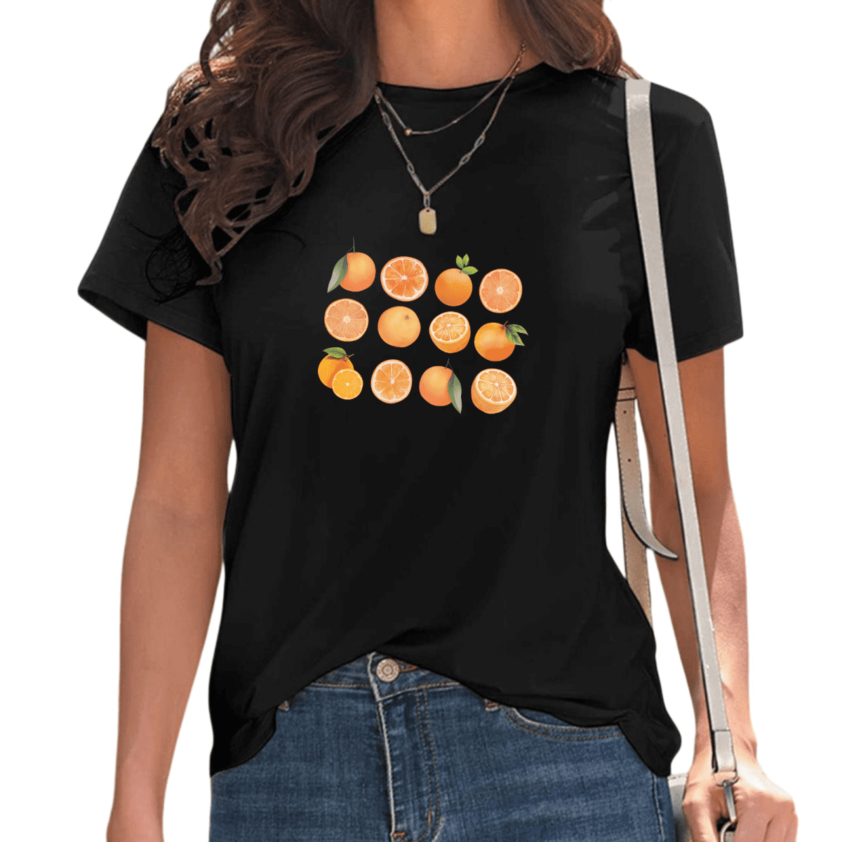 Black Citrus Assortment Print T-Shirt Women's Casual Loose Fit Short ...