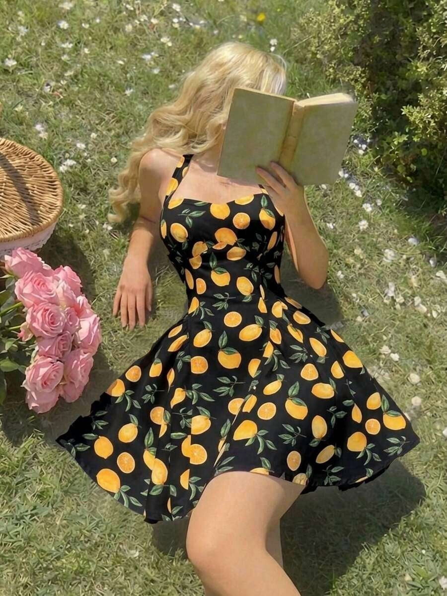 Black Citrus Print Sleeveless Fit And Flare Mini Dress With Orange Leaf ...