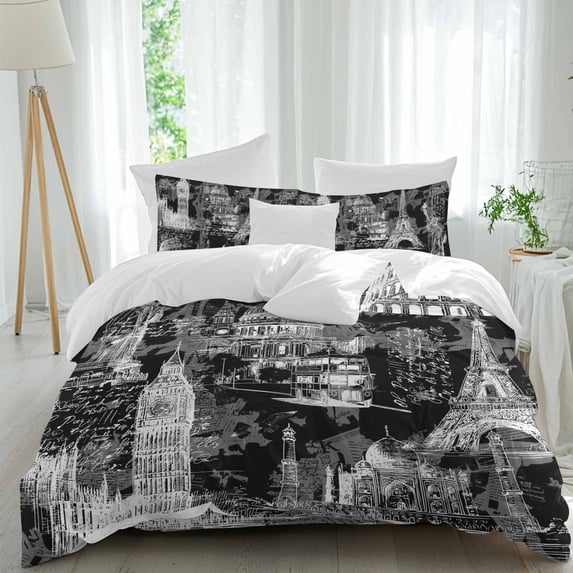 Black City 4 Piece Duvet Cover Set Full Size Retro Modern Abstract ...