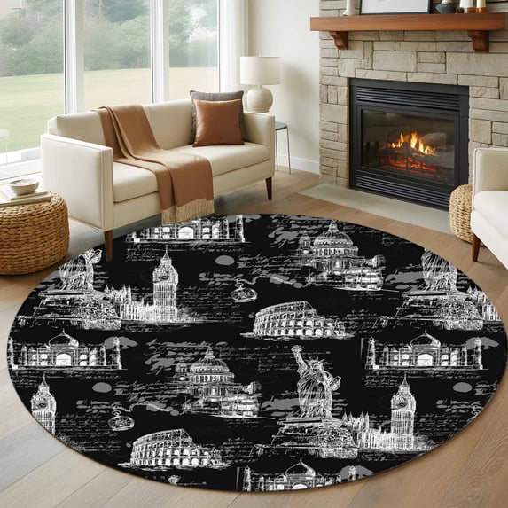 Black City 5FT Round Area Rugs for Living Room Retro Modern Abstract ...