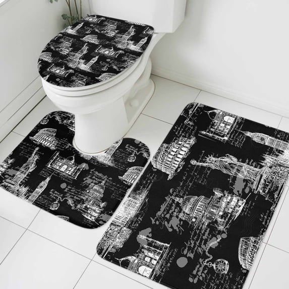 Black City Bathroom Rugs Set Retro Modern Abstract Black Architecture ...