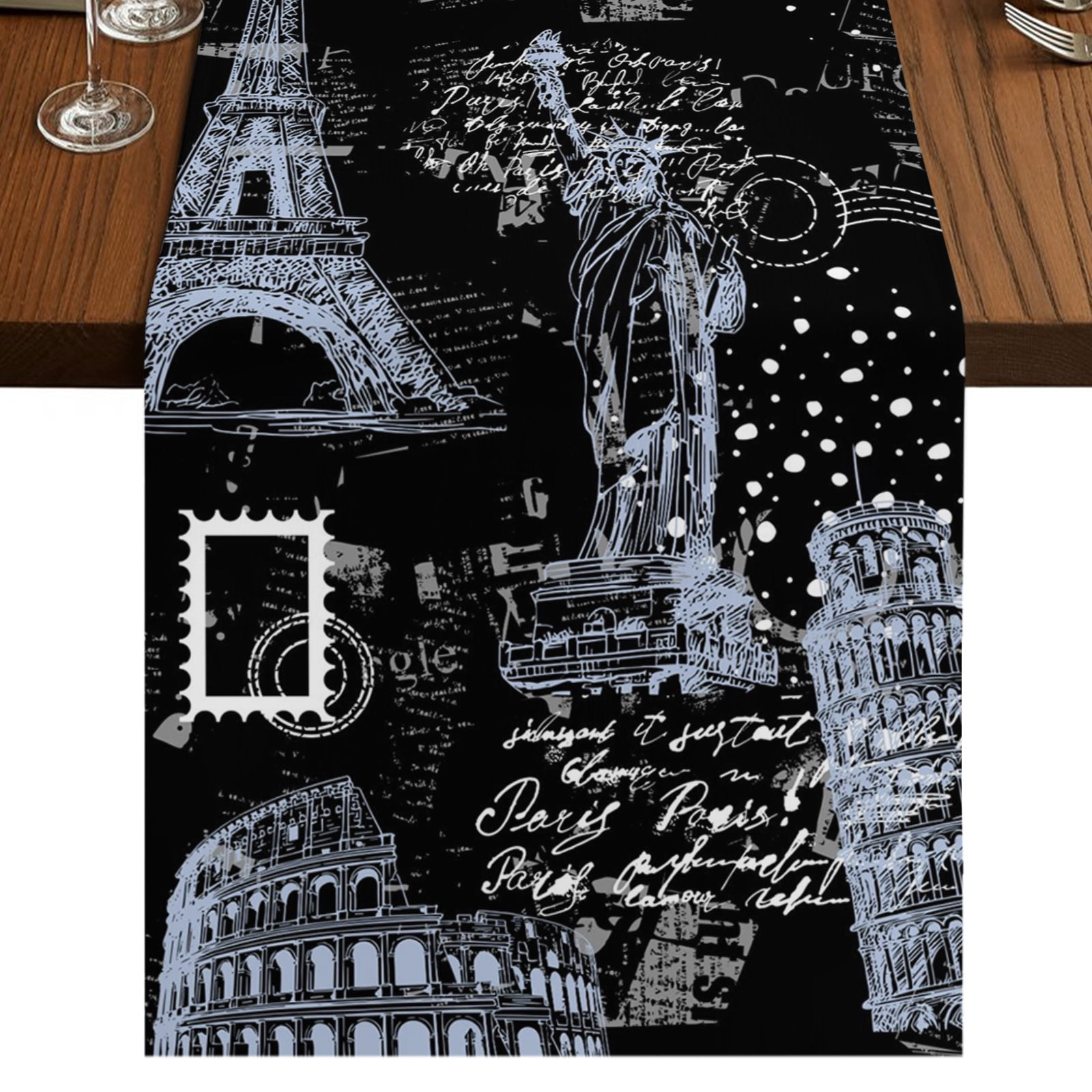 Black City Burlap Cotton Table Runner 13x90 Inches Long, Modern Blue ...