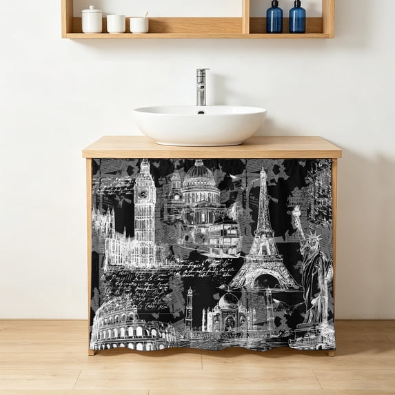 Black City Cabinet Curtains 11" W x 13" L, Retro Modern Abstract Black ...