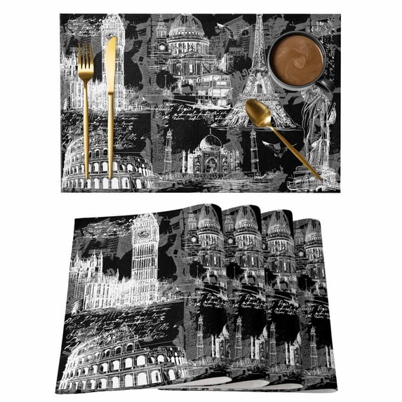 Black City Cotton Linen Placemats Set of 12, Retro Modern Abstract ...