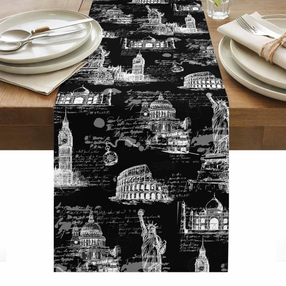 Black City Cotton Linen Table Runner Retro Modern Abstract Black ...