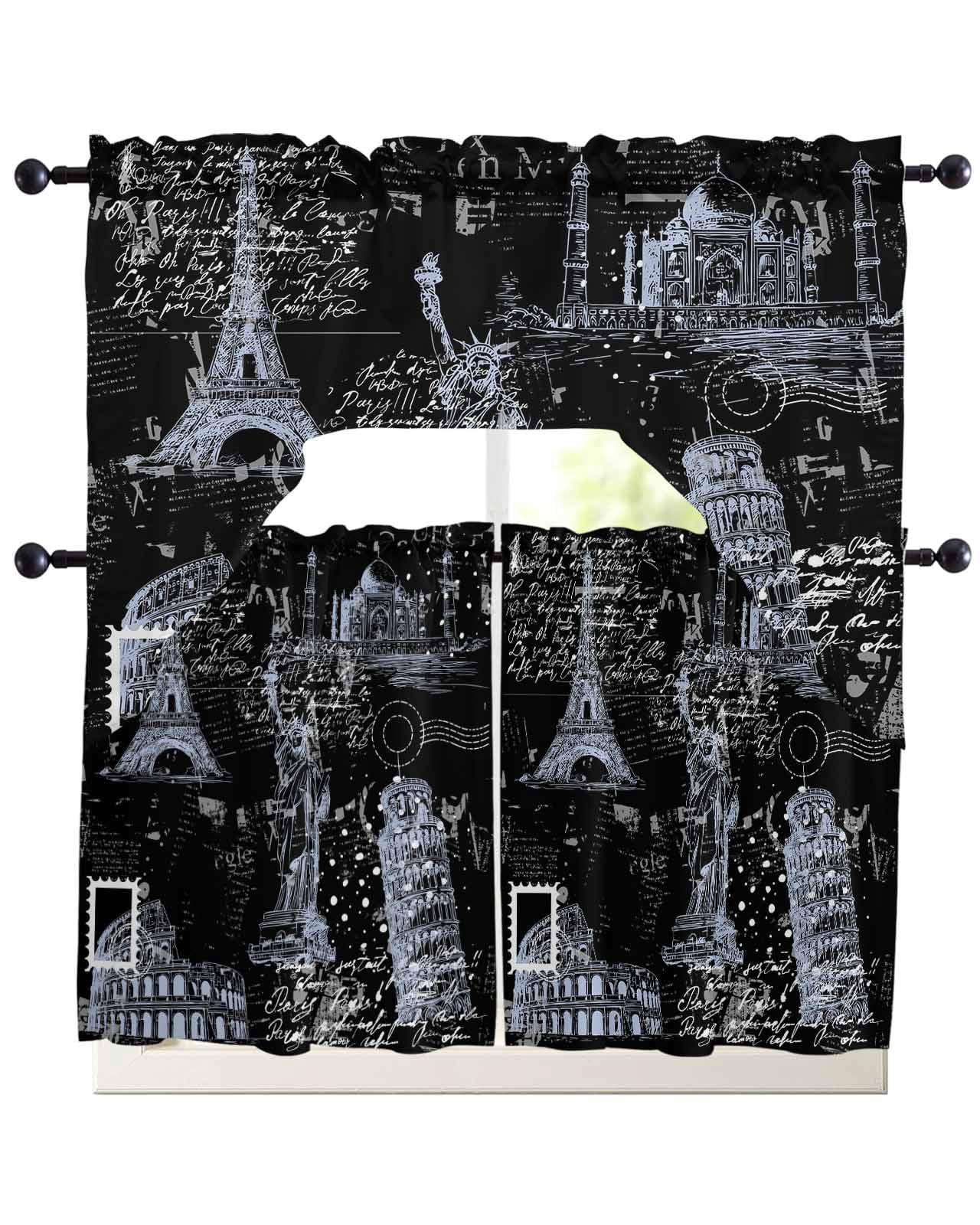 Black City Kitchen Curtains Sets 24 Inch Length with Valance, Modern ...