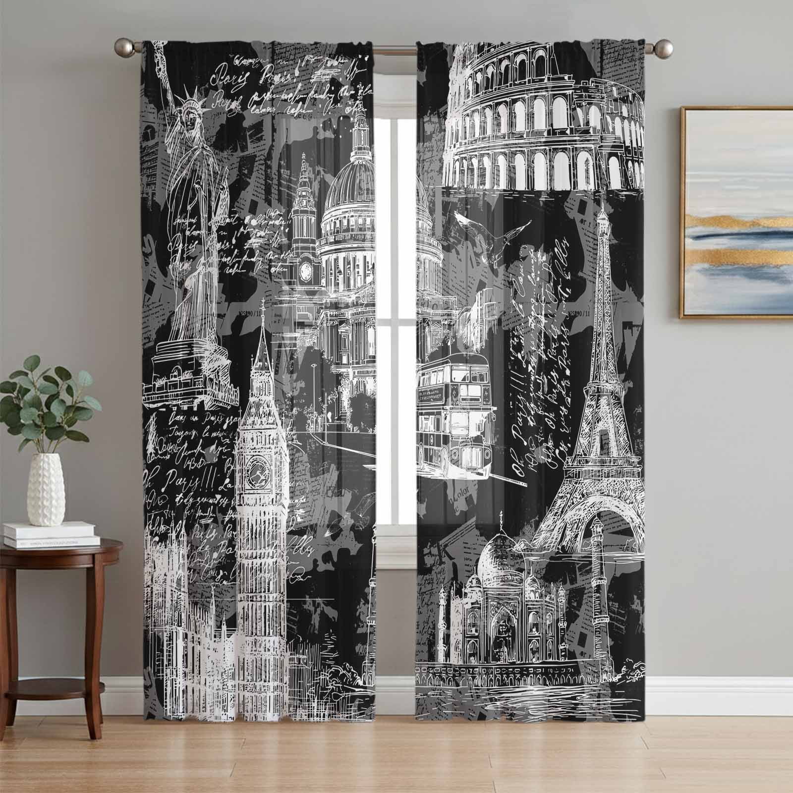 Black City Sheer Curtains for Living Room Bedroom, Retro Modern ...