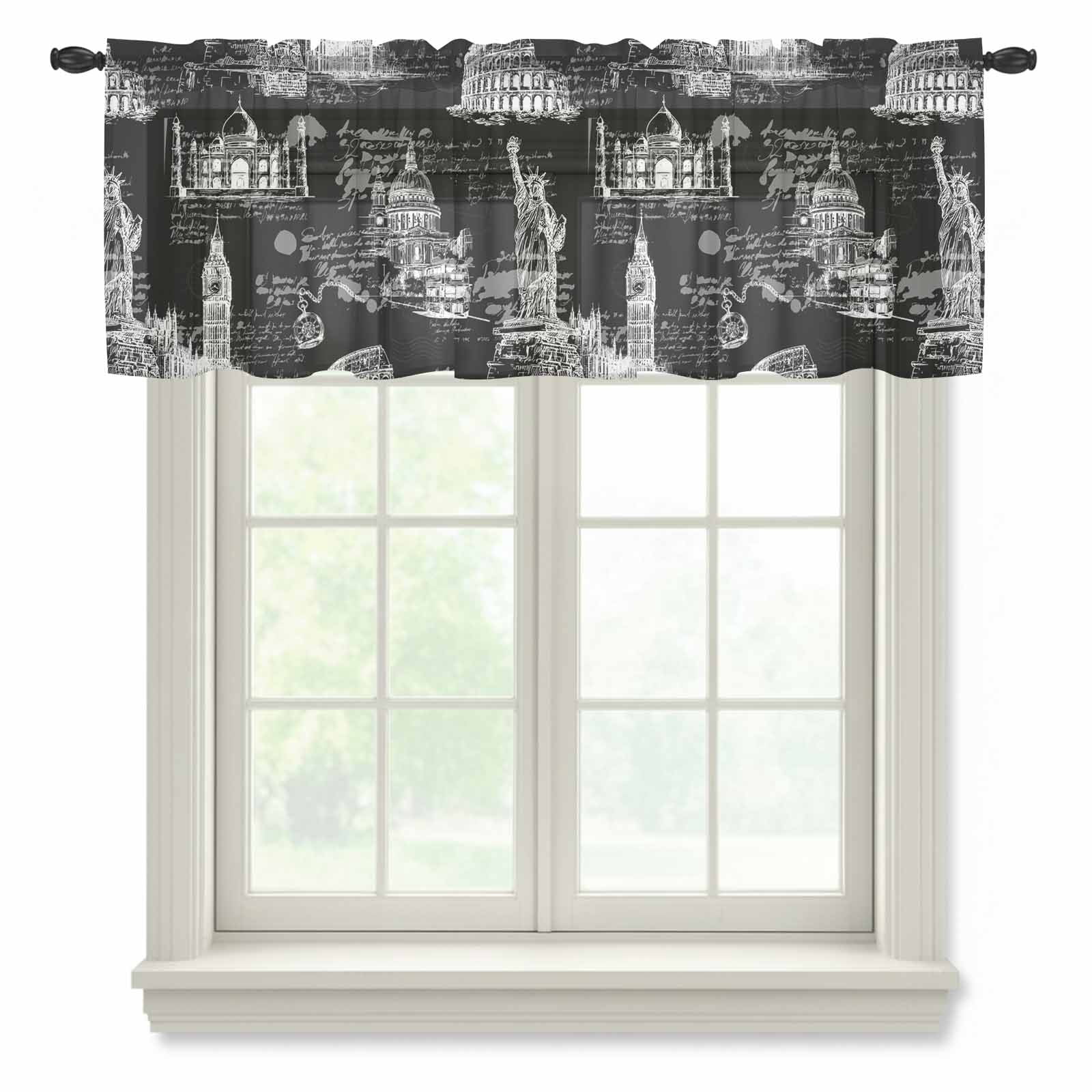 Black City Sheer Valances for Windows, Retro Modern Abstract Black ...