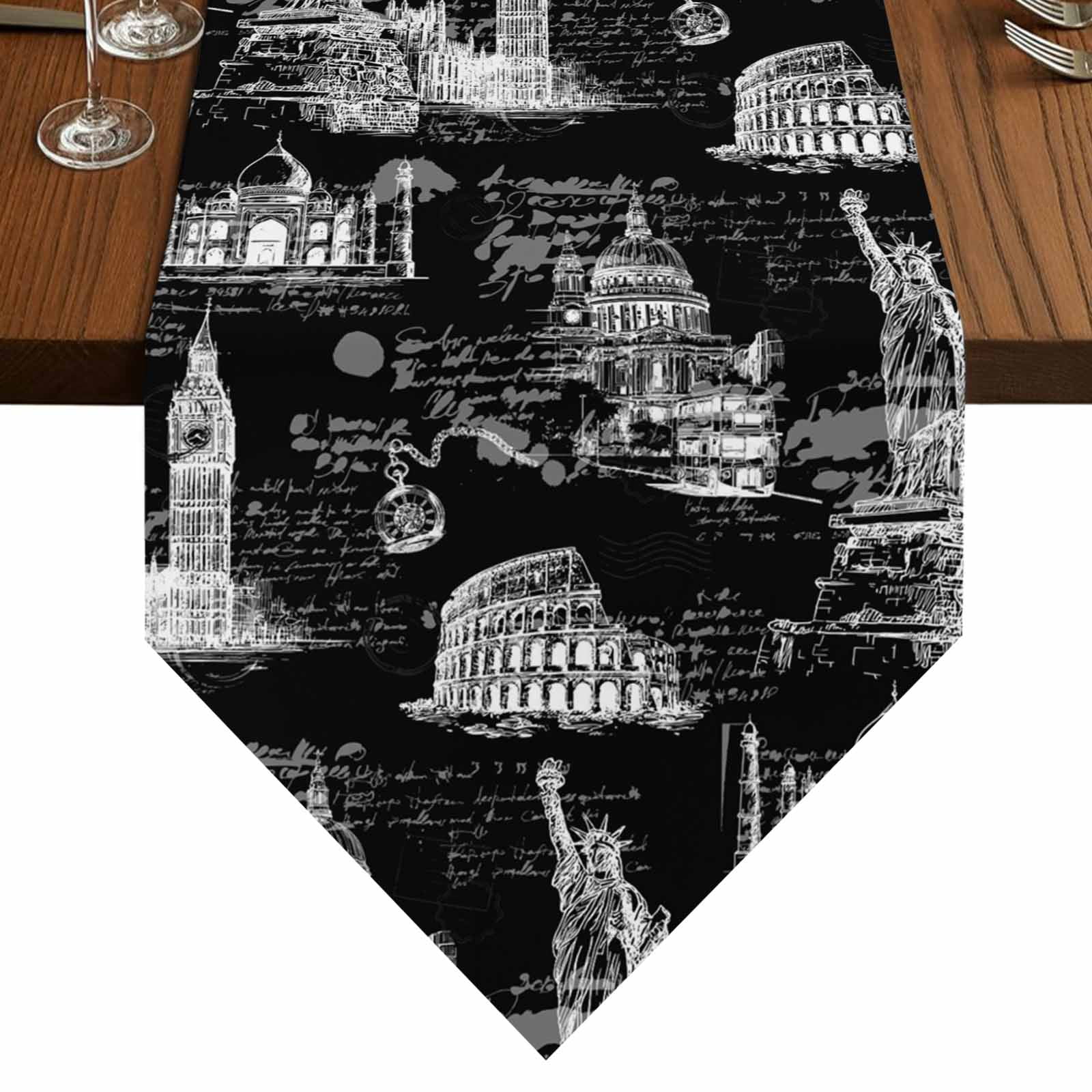 Black City Table Runner for Dining Room, Retro Modern Abstract Black ...