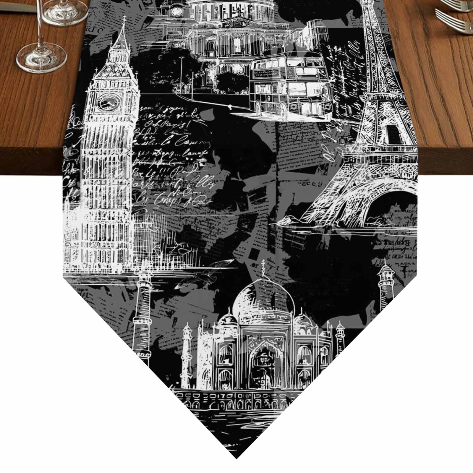 Black City Table Runner for Dining Room, Retro Modern Abstract Black ...